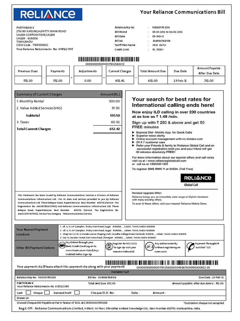 Reliance Netconnect Bill Summary | PDF | Cheque | Payments