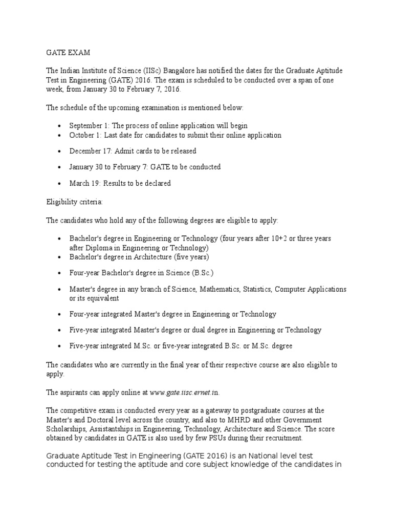 GATE 2016 Exam Dates and Eligibility | PDF