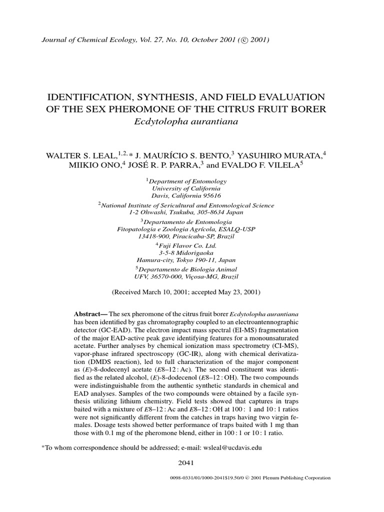 Identification Synthesis And Field Evaluation Of The Sex Pheromone Of