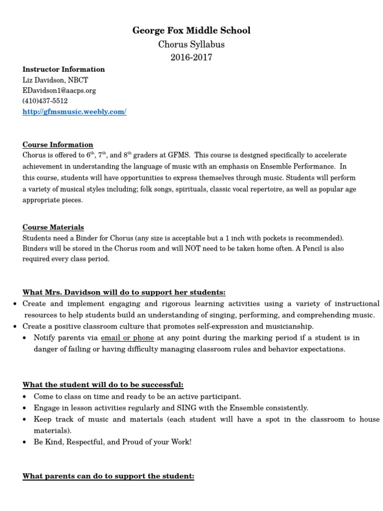 George Fox Middle School Chorus Syllabus | PDF | Homework | Grading ...