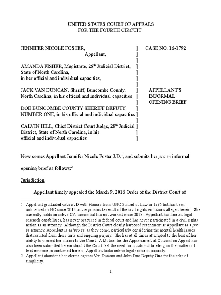 4th Circuit Informal Opening Brief, Foster v. Fisher Et Al, 16-1792 ... 4th Circuit Informal Opening Brief, Foster v. Fisher Et Al, 16-1792 ...