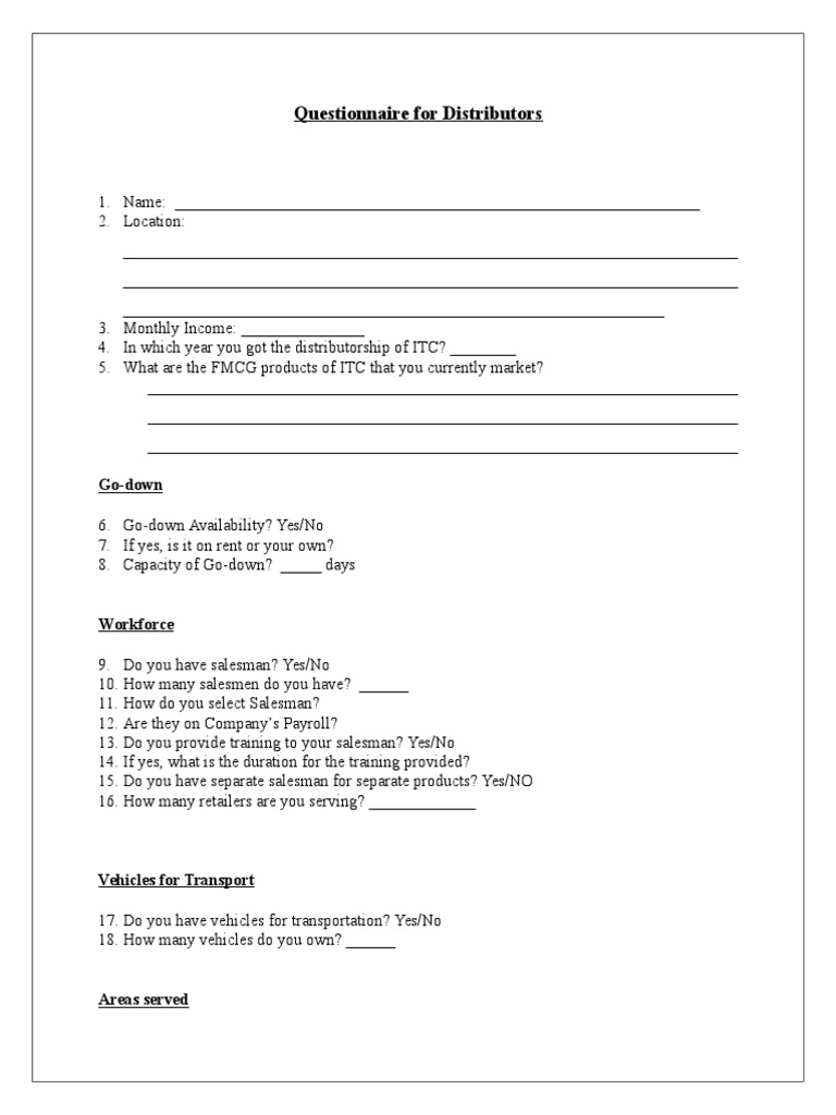 Questionnaire For Distributors - Edited | PDF