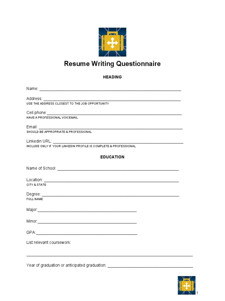 Resume Writing Questionnaire 2 | PDF