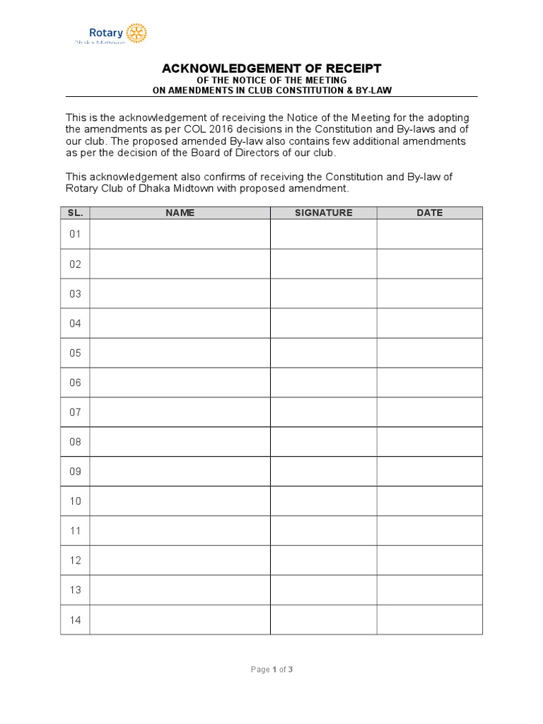 Acknowledgment of Receipt Format