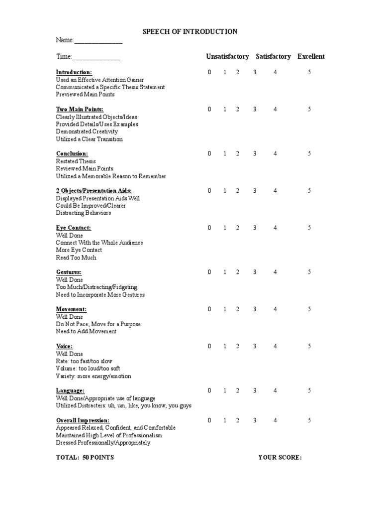 C 103 Speech of Intro Rubric | PDF | Career & Growth