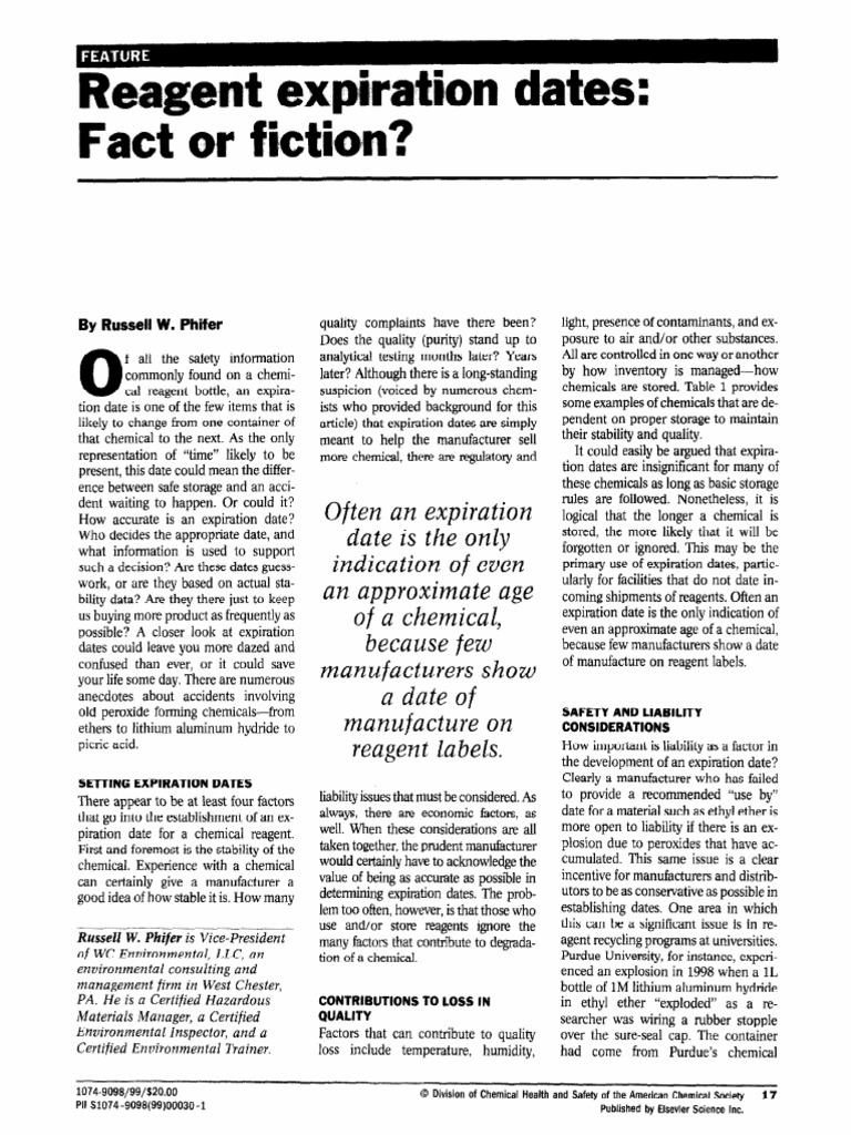 Reagent Expiration Dates - Fact or Fiction | PDF | Shelf Life | Safety