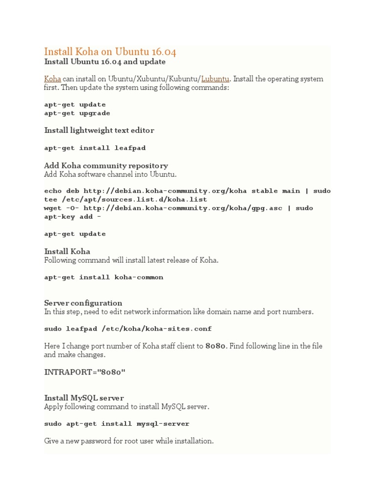 Install Koha on Ubuntu 16.04 Guide | PDF | Advanced Packaging Tool | Sudo