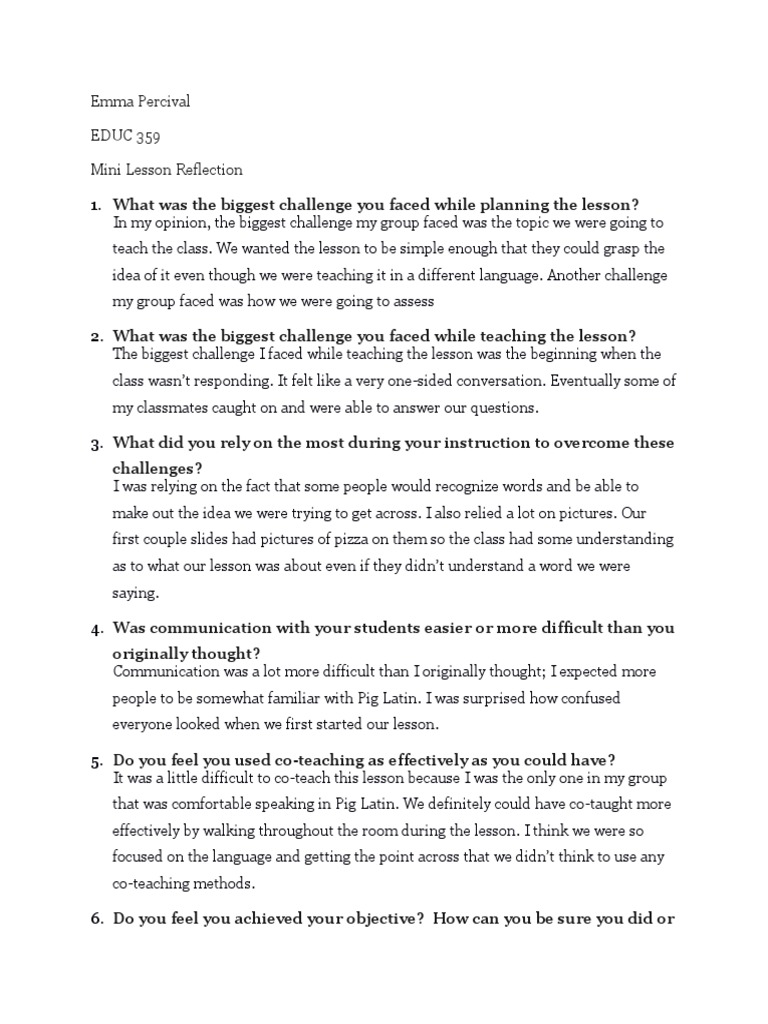 Mini Lesson Reflection | PDF | Pedagogy | Learning