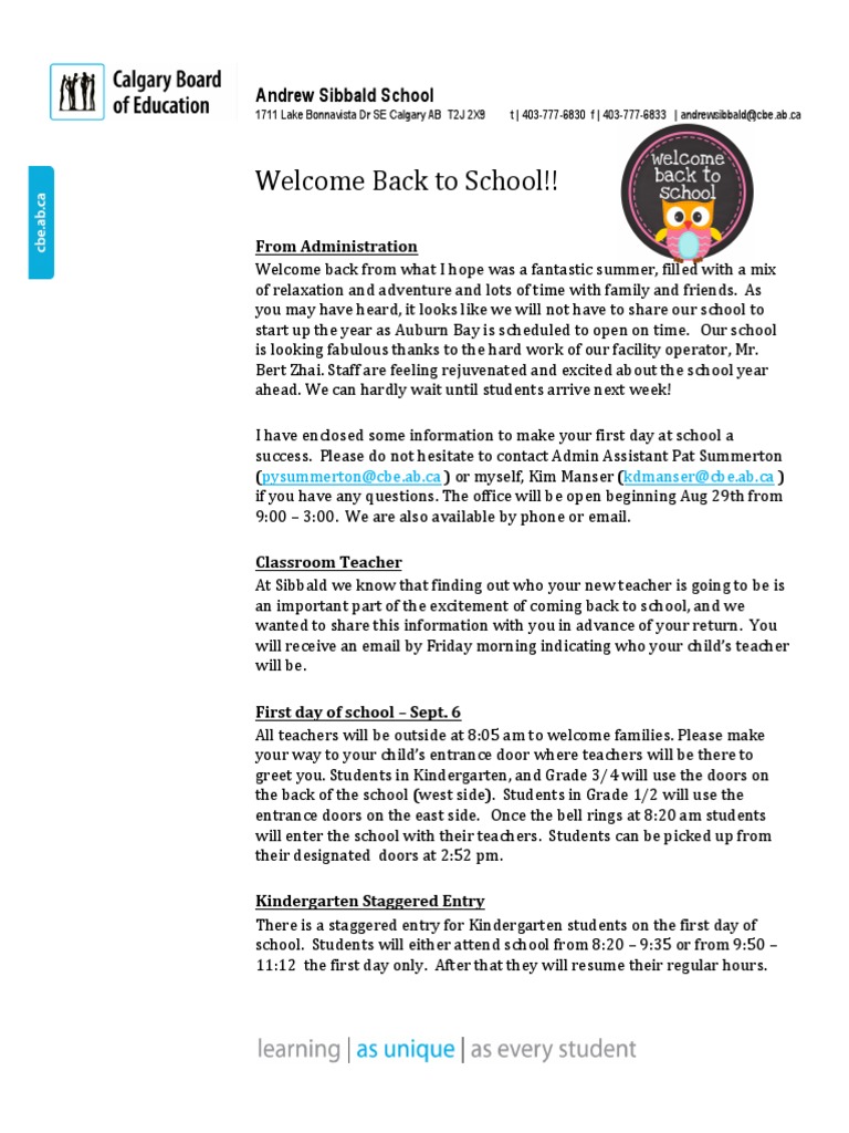 Welcome Back to Andrew Sibbald | PDF | Text Messaging | Kindergarten