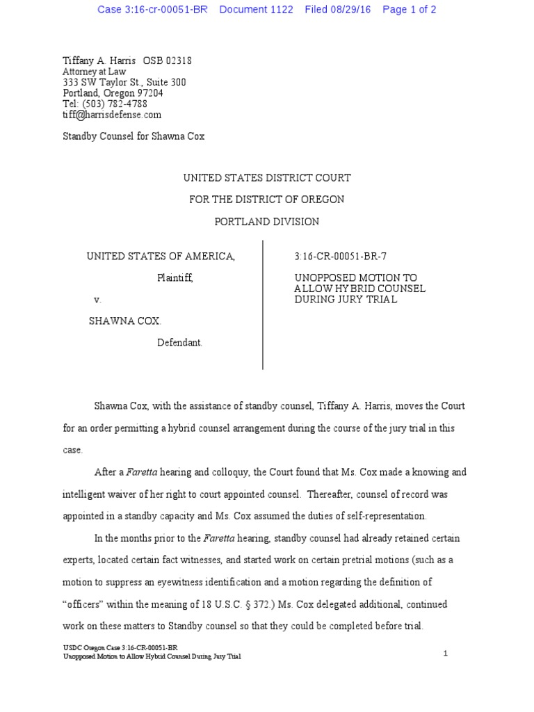 Attorney at Law: USDC Oregon Case 3:16-CR-00051-BR Unopposed Motion To ... Attorney at Law: USDC Oregon Case 3:16-CR-00051-BR Unopposed Motion To ...