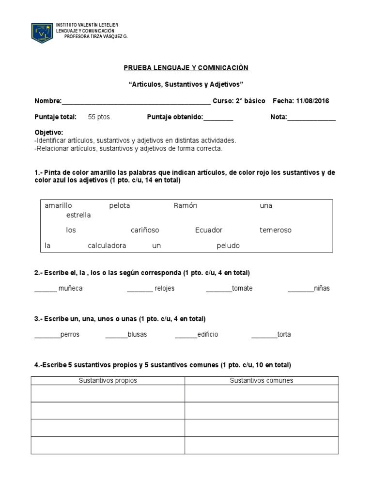 Prueba Articulos, Sustantivos y Adjetivos
