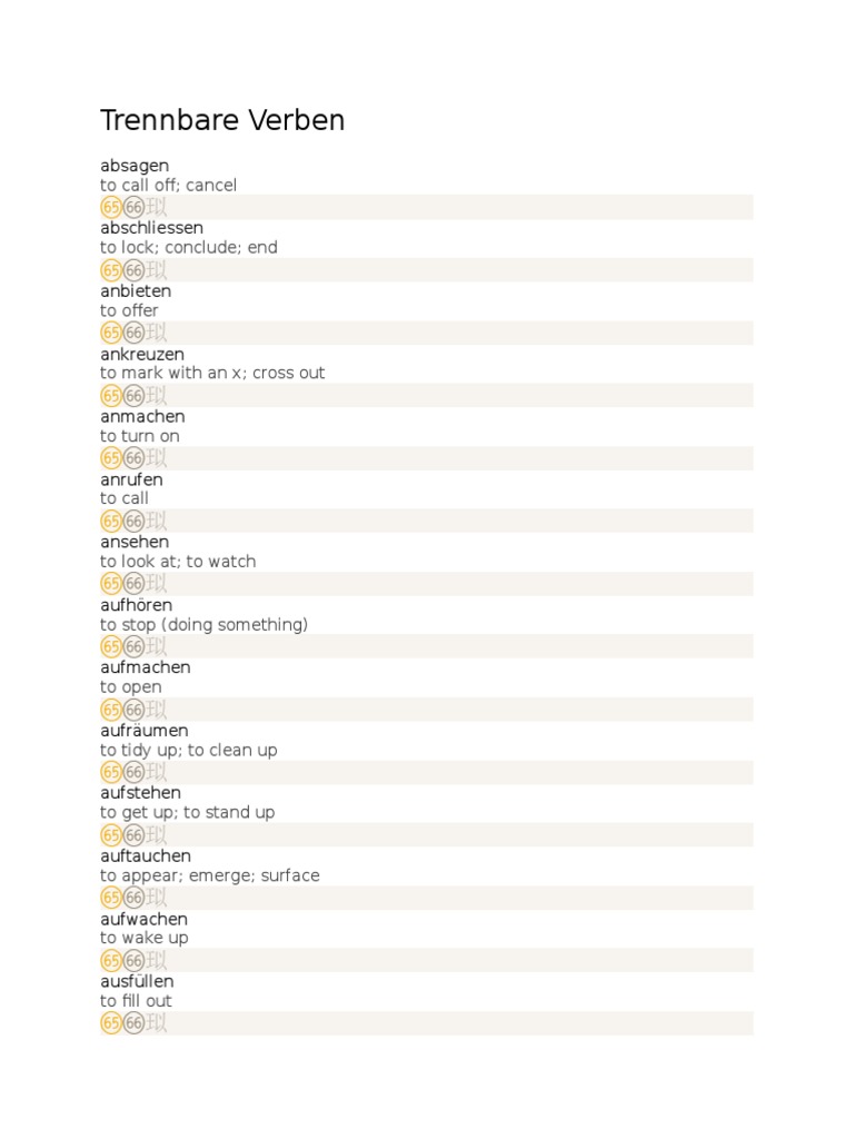 A List of Separable German Verbs and Their English Translations | PDF