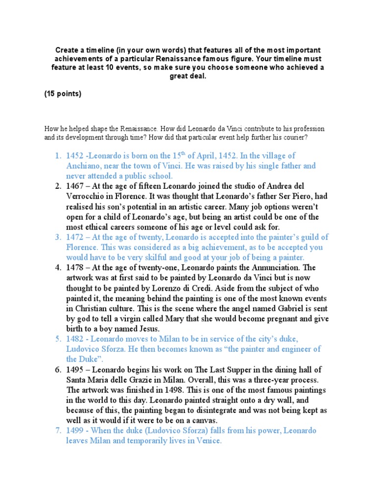 Leonardo Da Vinci Timeline | PDF | Leonardo Da Vinci | Paintings