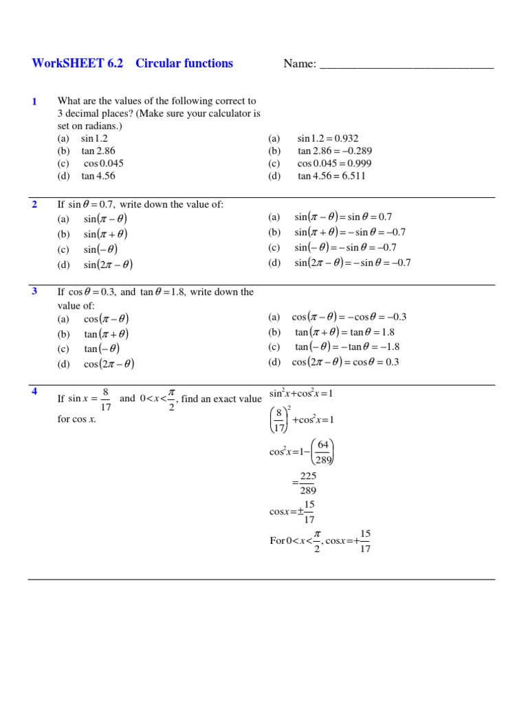 Circular Functions Worksheet Solutions | PDF | Sine | Trigonometric ...