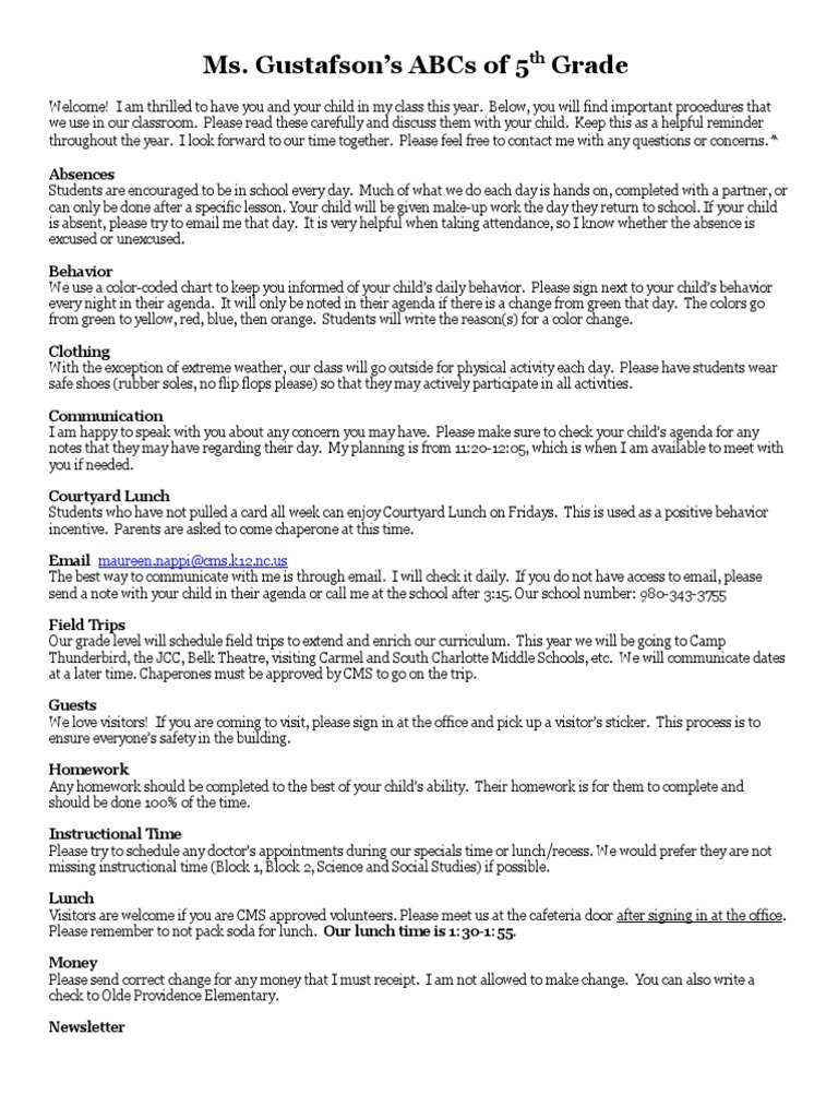 Ms Gustafsons Abcs of 5th Grade | PDF | Schools | Teachers