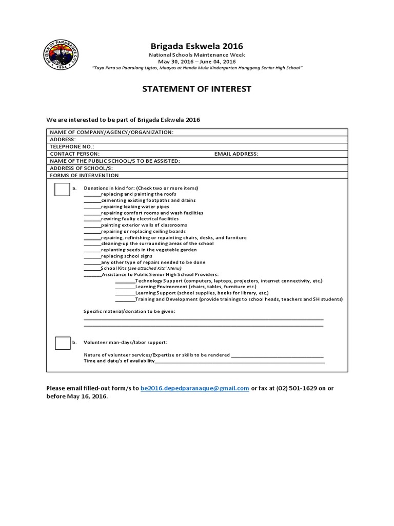 Statement of Interest for Brigada Eskwela | PDF