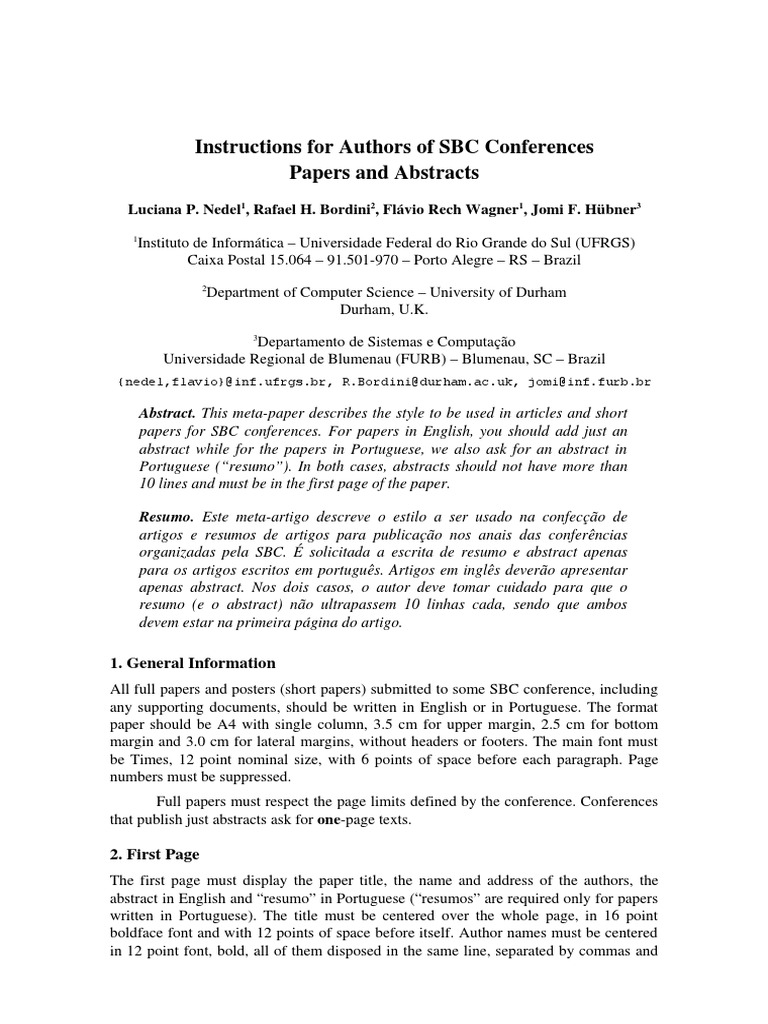 Instructions For Authors of SBC Conferences Papers and Abstracts | PDF ...