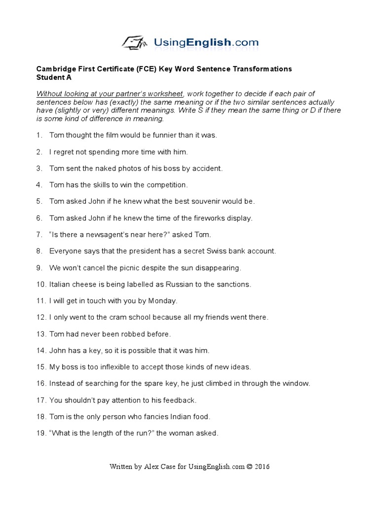 Cambridge First Certificate Fce Key Word Sentence Transformations ...