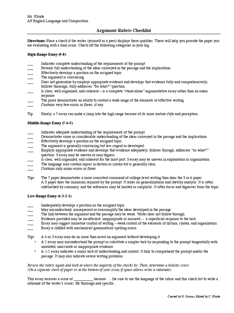 AP Lang Argument Checklist | PDF | Essays | Psychological Concepts