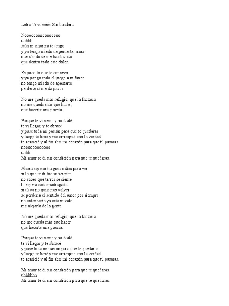 Letra Te Vi Venir Sin Bandera | PDF