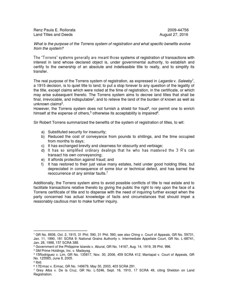 Purpose of Torrens System | PDF | Property Law | Common Law