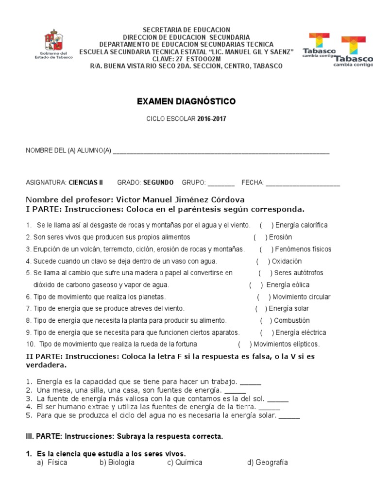 Examen Diagnóstico Ciencias II 2º Grado | PDF | Movimiento (física ...