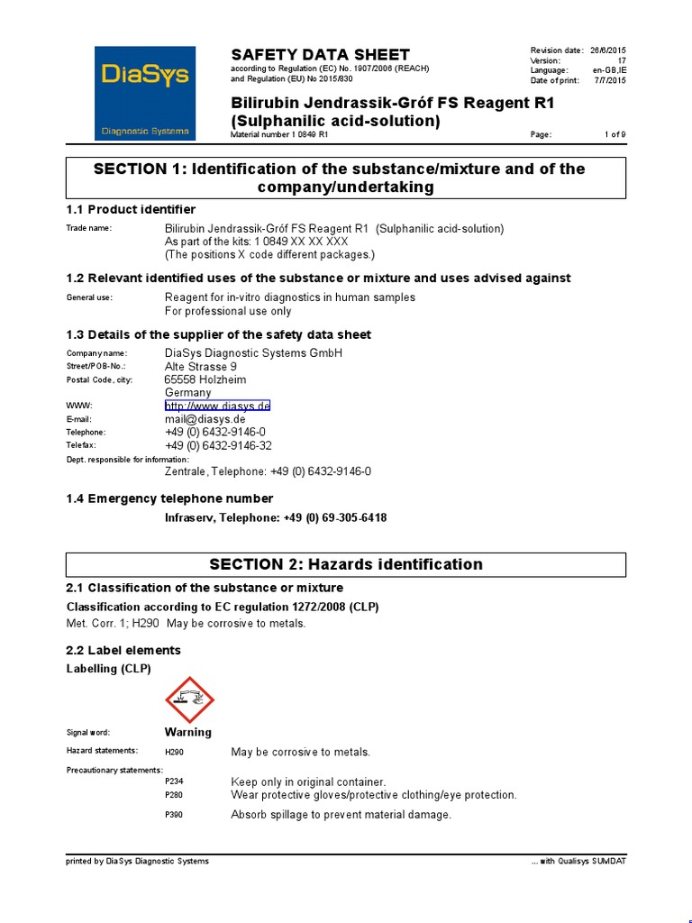 Bilirubin Jendrassik-Grof FS Reagent R1 Sulphanilic Acid-Solution - En ...