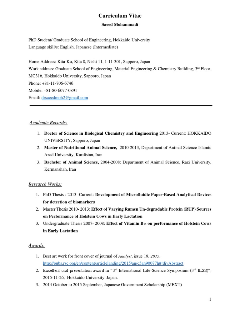 Curriculum Vitae: Saeed Mohammadi | PDF | Thesis | Chemistry