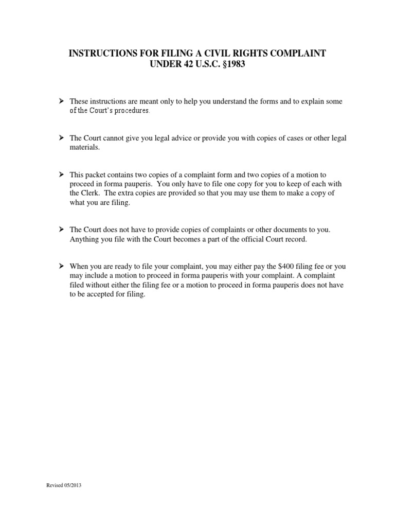 Instructions For Filing A Civil Rights Complaint UNDER 42 U.S.C. 1983 ...