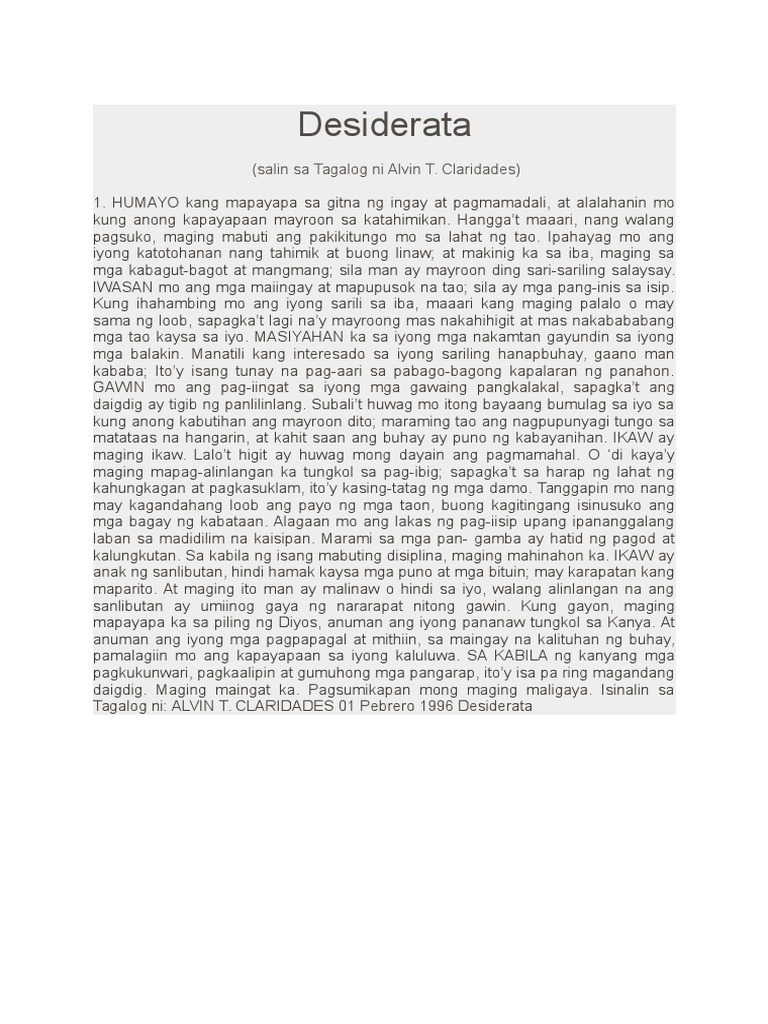 Desiderata TAGALOG VERSION | PDF