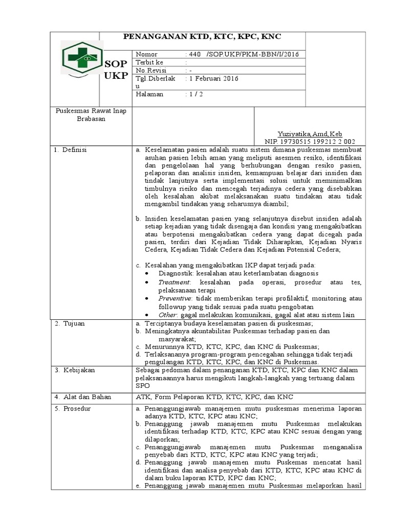 Sop Penanganan KTD KTC KPC KNC | PDF