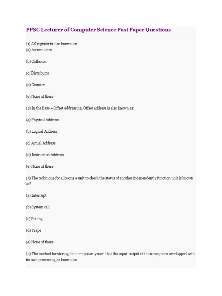 PPSC Lecturer of Computer Science Past Paper Questions | Download Free ...