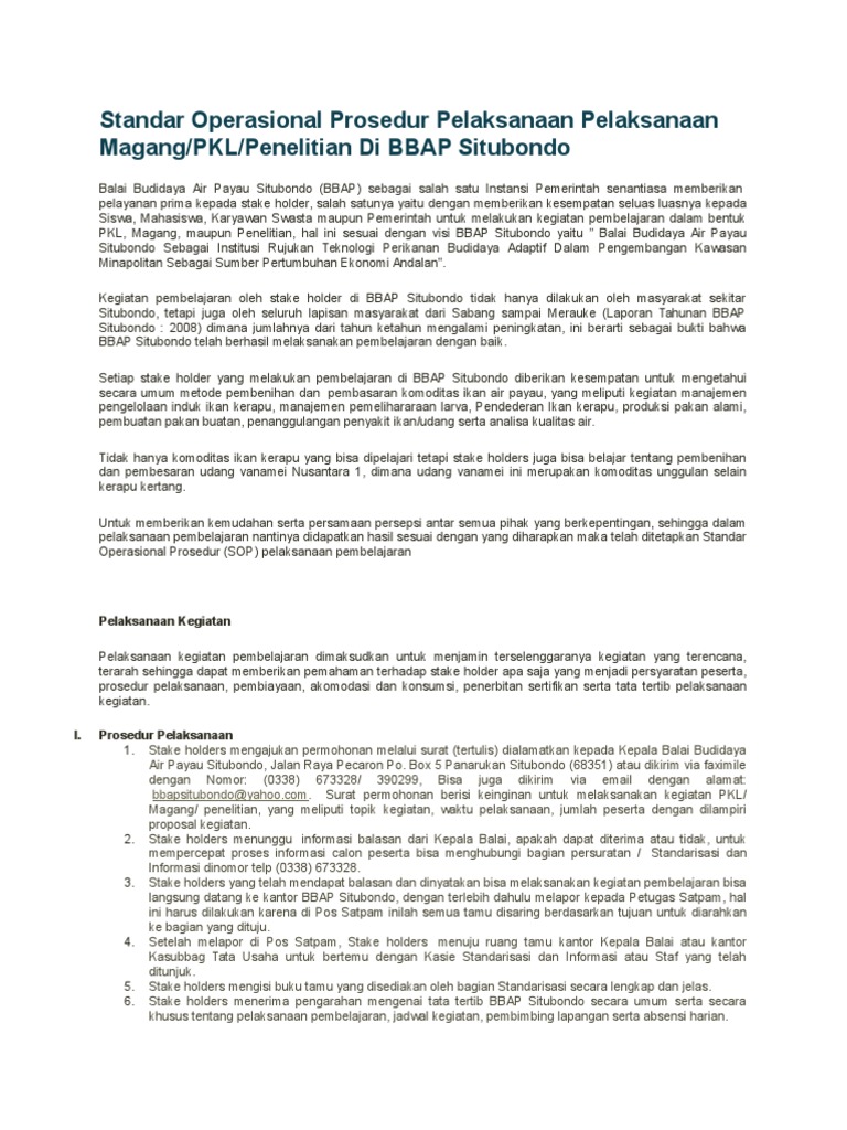 SOP Magang di BBAP Situbondo | PDF | Bisnis