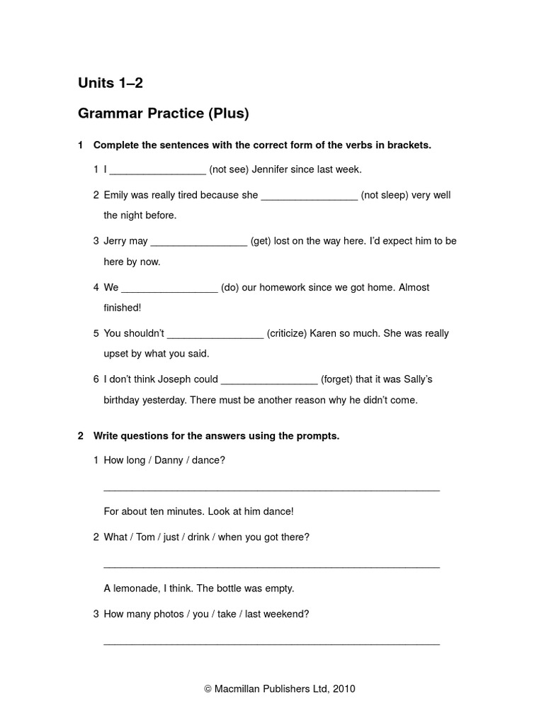 Units 1-2 Grammar Practice (Plus) : 1 Complete The Sentences With The ...