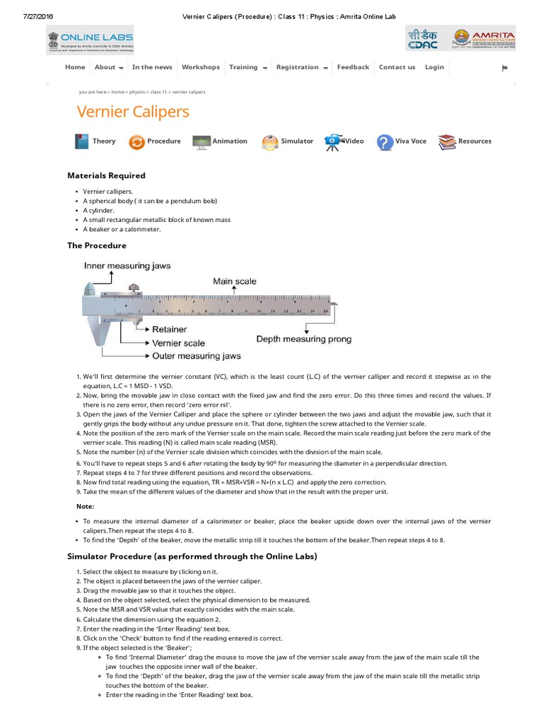 Vernier Calipers Procedure Class 11 Physics Amrita Online Lab