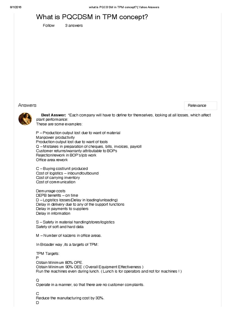 What Is PQCDSM in TPM Concept - Yahoo Answers | PDF | Logistics | Inventory