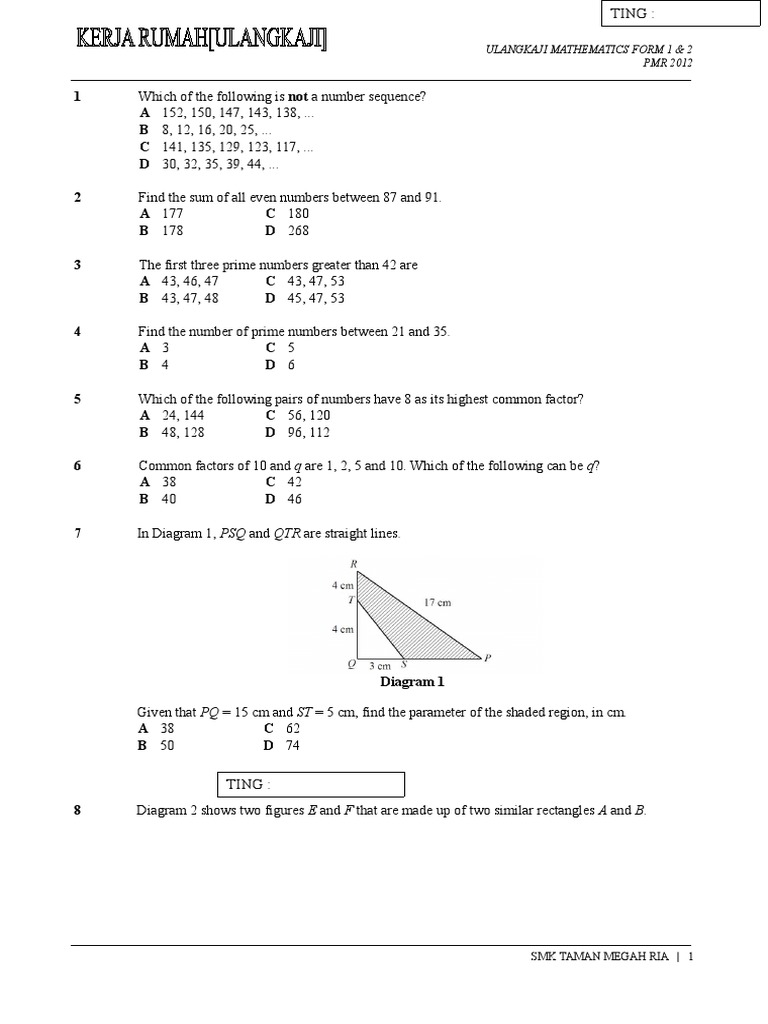 Mathematics Form 1 & 2 Practice Questions with Detailed Solutions | PDF