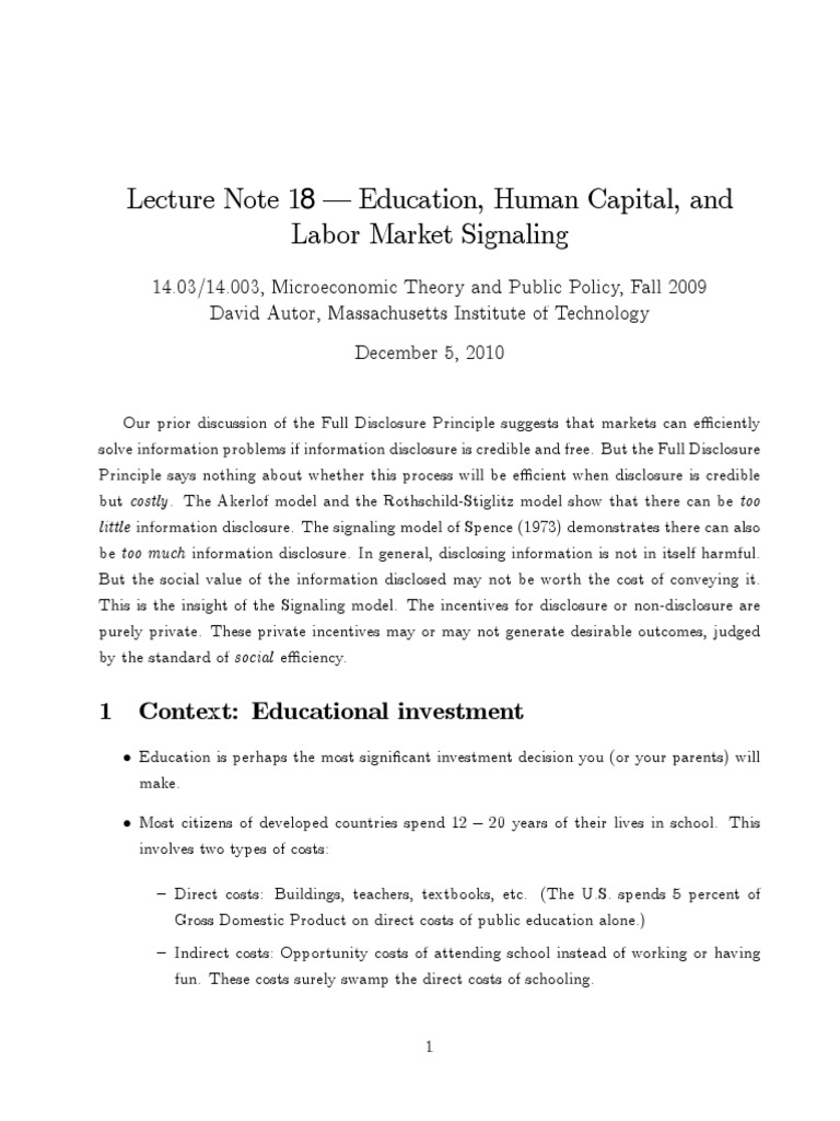 Lecture Note 1 - Education, Human Capital, and Labor Market Signaling ...