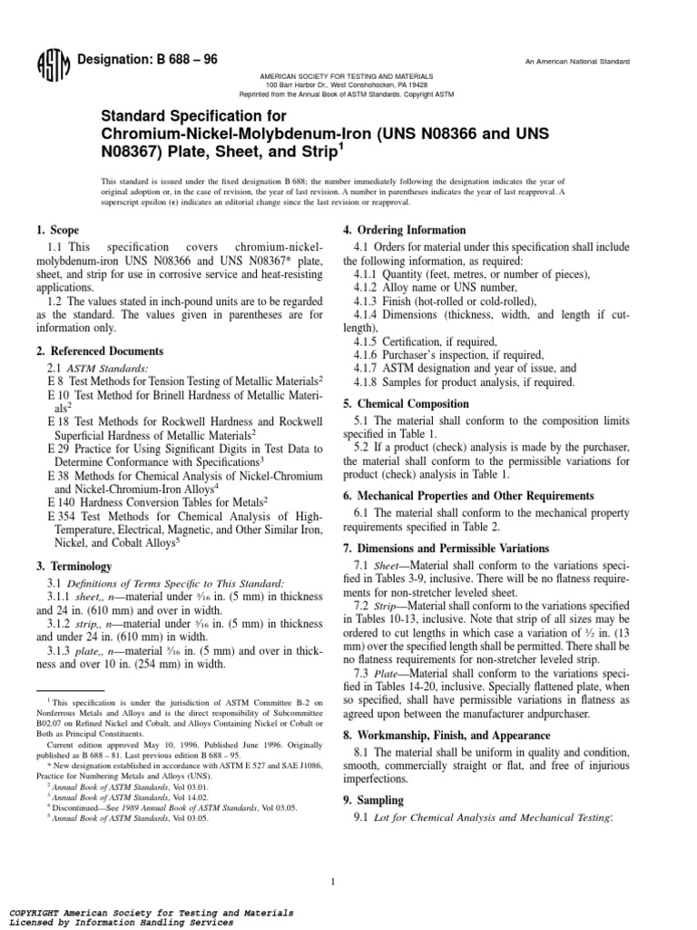 Astm B688 (1996) | PDF | Engineering Tolerance | Rolling (Metalworking)