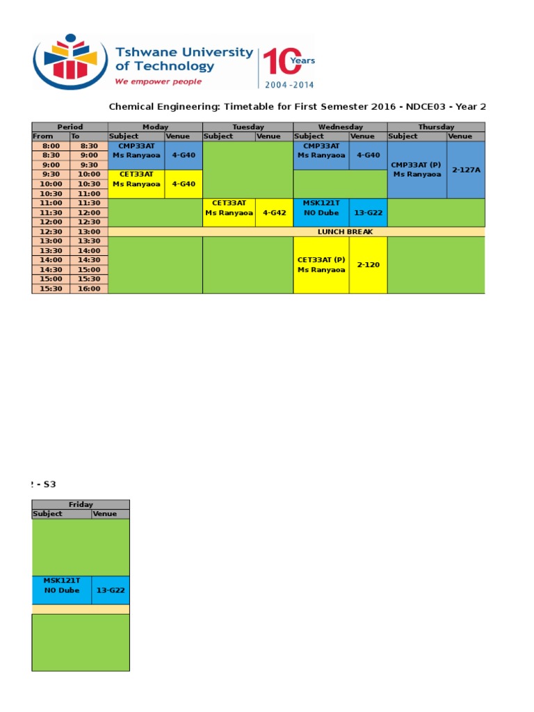 Chemical Engineering: Timetable For First Semester 2016 - NDCE03 - Year ...