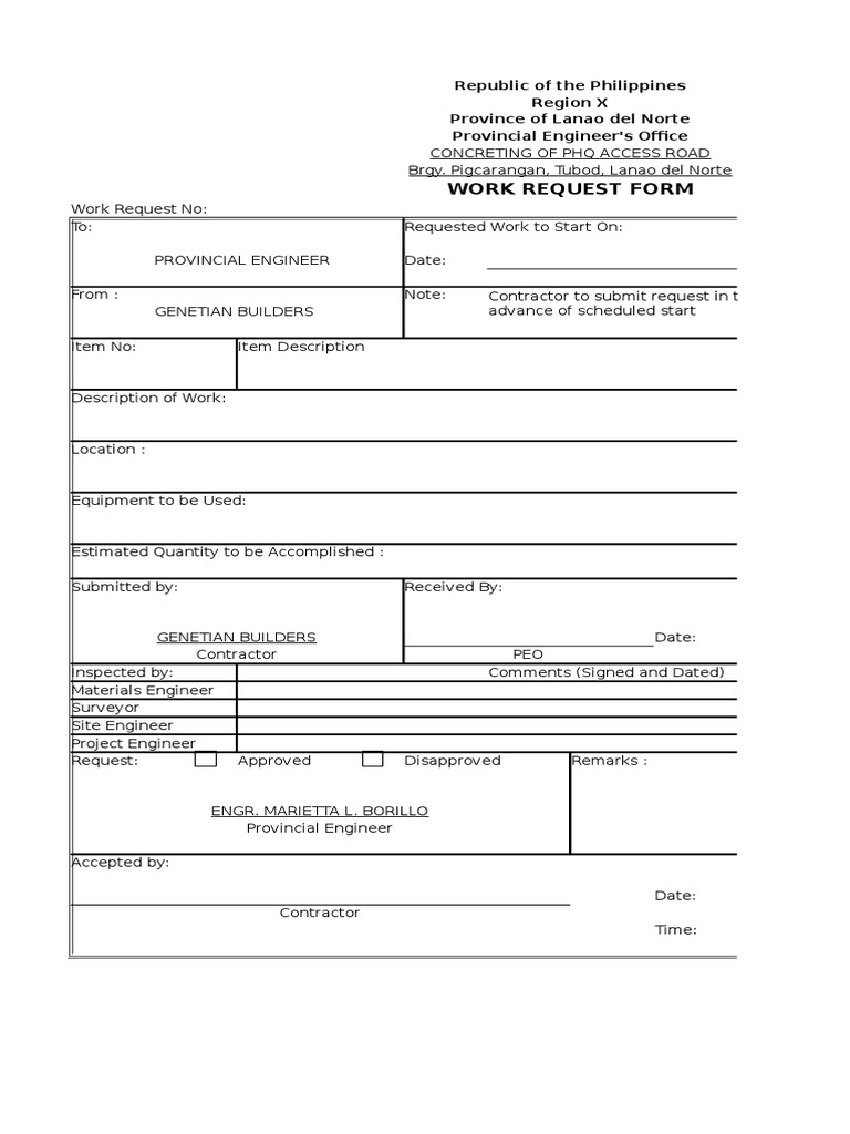 Work Request Form: Republic of The Philippines Region X Province of ...
