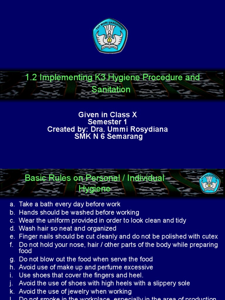 1.2 Implementing k3 Hygiene Procedure and Sanitation | PDF | Hygiene ...