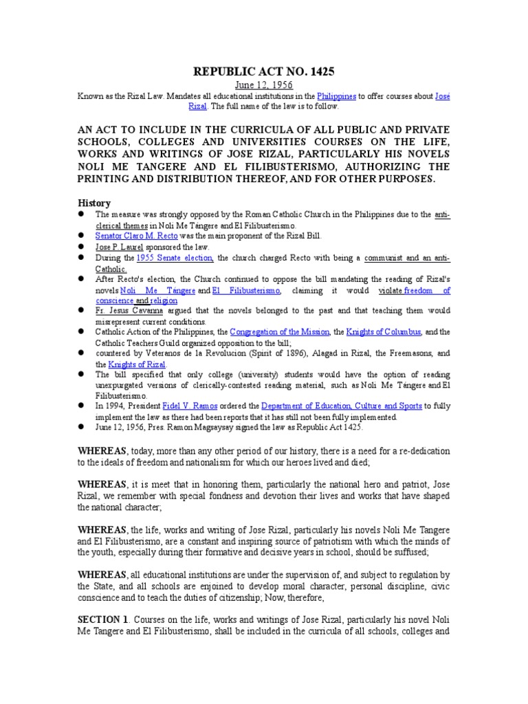 RA 1425 Rizal Law | PDF