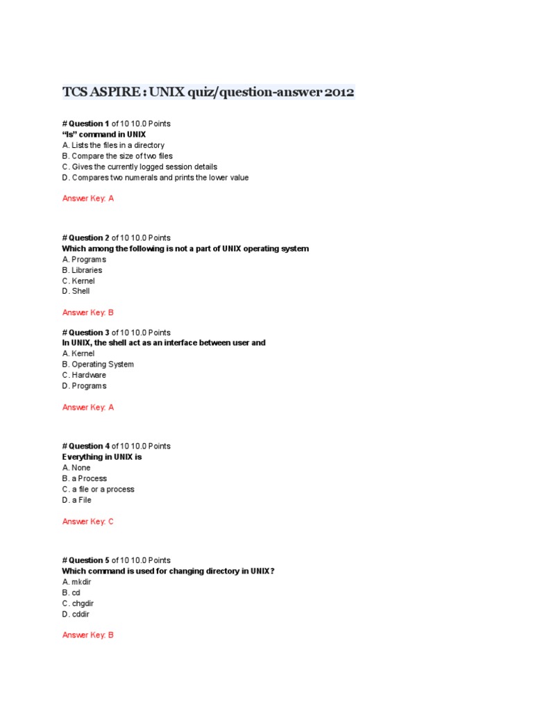 TCS ASPIRE: UNIX Quiz/question-Answer 2012 | PDF | Table (Database) | Computer File
