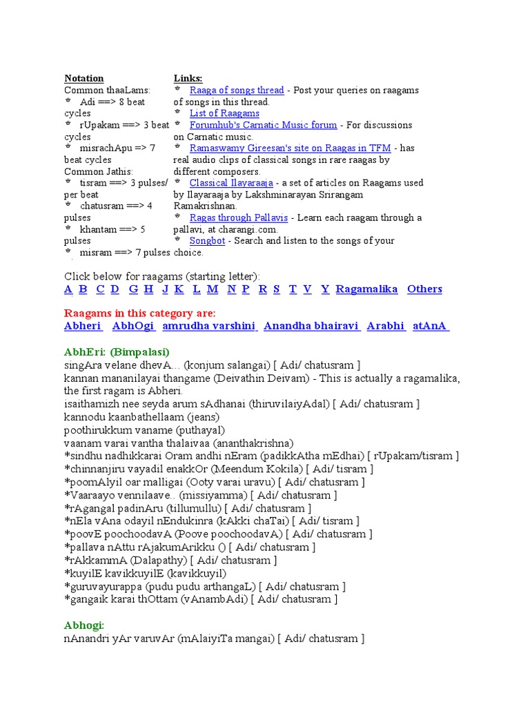 Carnatic Raga and Tamil Songs | PDF
