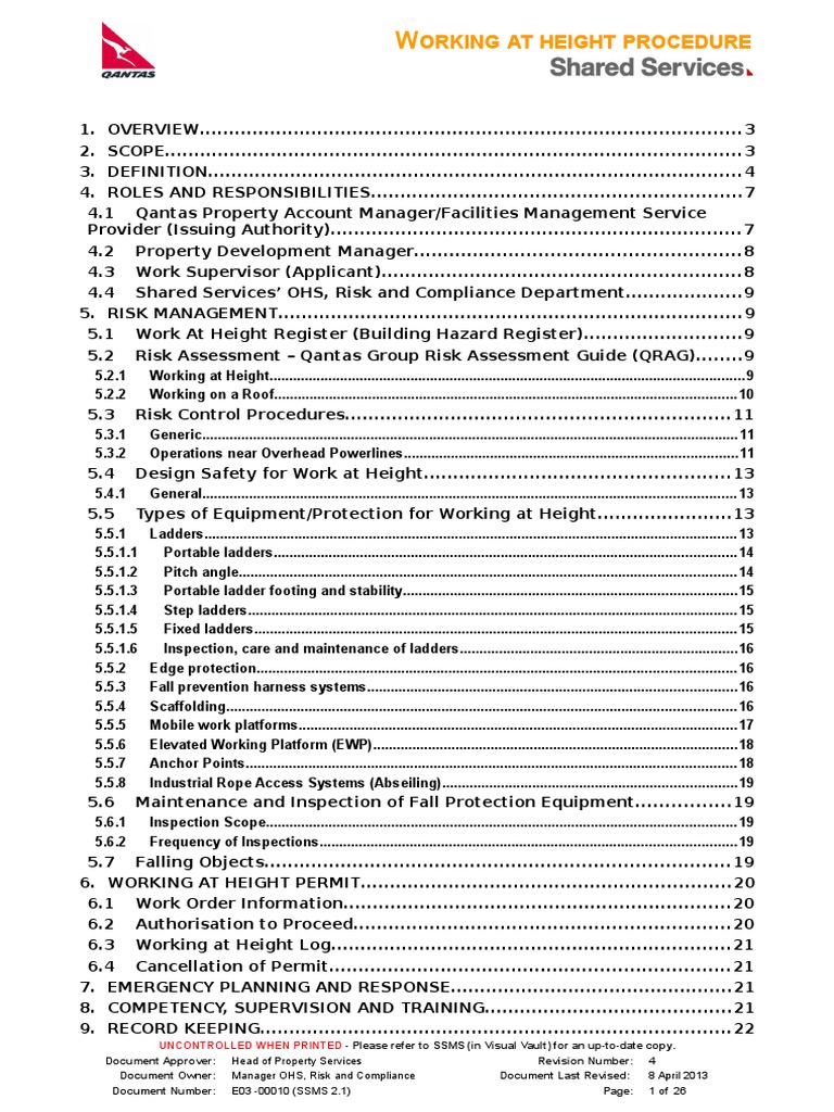 Working at Heights Procedure | PDF | Occupational Safety And Health ...