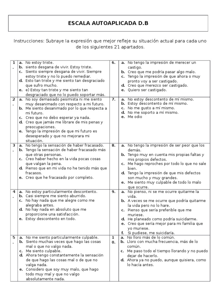 Escala Autoaplicada Depresion de Beck | PDF