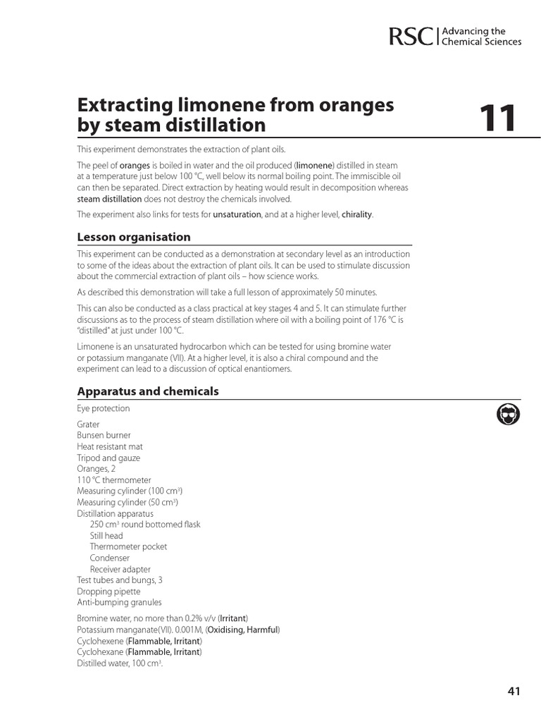 Limonene Extraction via Steam Distillation | PDF | Chemistry | Chemical ...