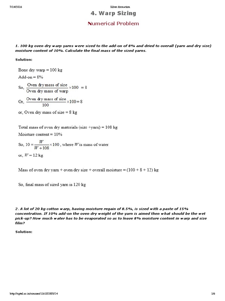 Warp Sizing Numericals | PDF | Reliability Engineering | Textiles