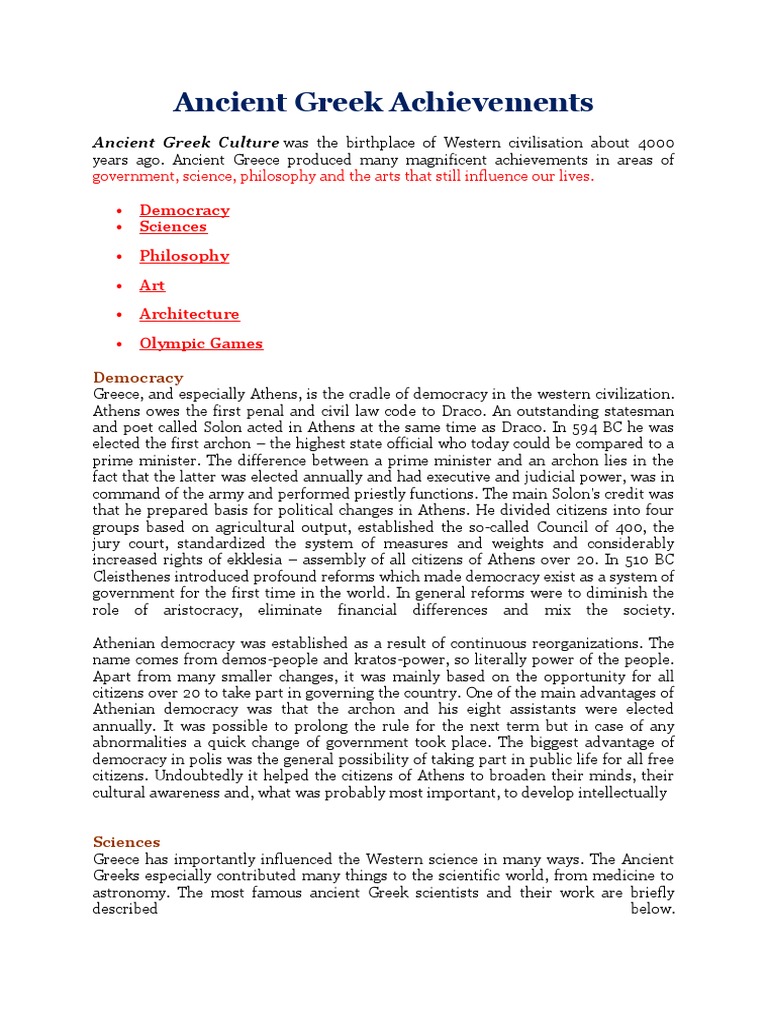 Ancient Greek Achievements | PDF | Aristotle | Ancient Greece Ancient Greek Achievements | PDF | Aristotle | Ancient Greece